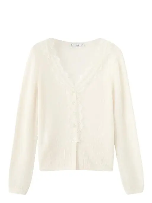 Mango Lace Trim V-neck Cardigan - Ecru
