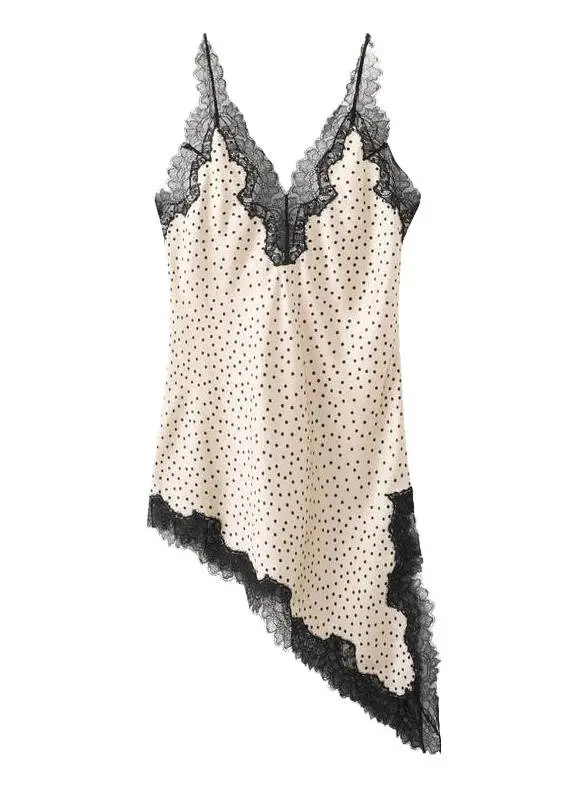 Mango Polka Dot Lace Trimmed Satin Top - Ecru