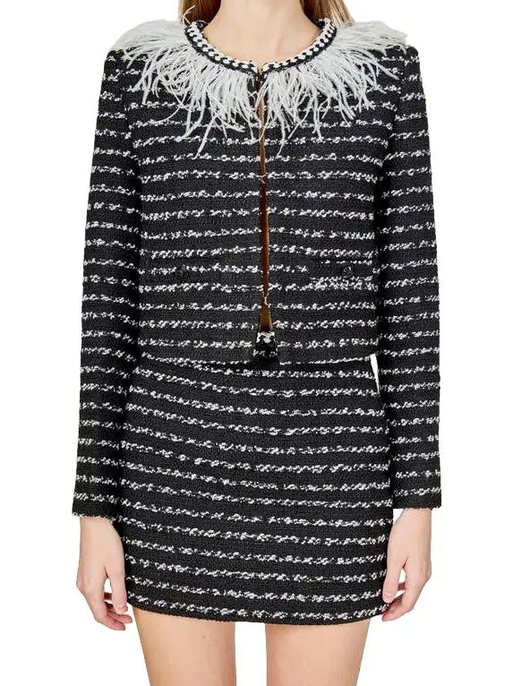 Endless Rose Feather Trim Tweed Jacket - Black