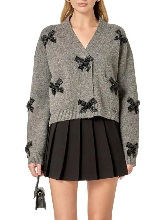 English Factory Beaded Bow Oversized Cardigan - Charcoal
