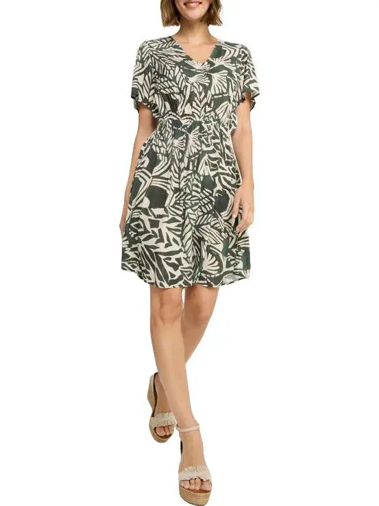 LASCANA Printed V-neck Fit And Flare Dress - Green Ivory
