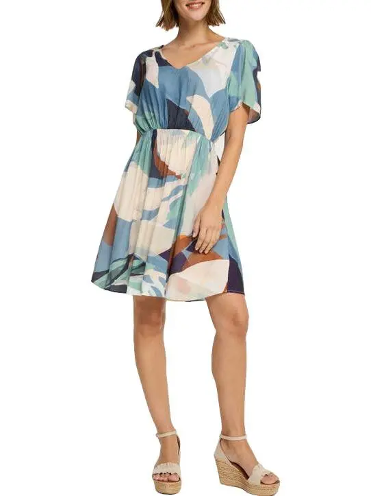 LASCANA Printed V-neck Fit And Flare Dress - Ivory Blue