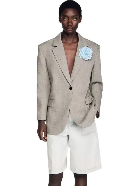 Sandro Checked Wool Jacket With Brooch - Greige