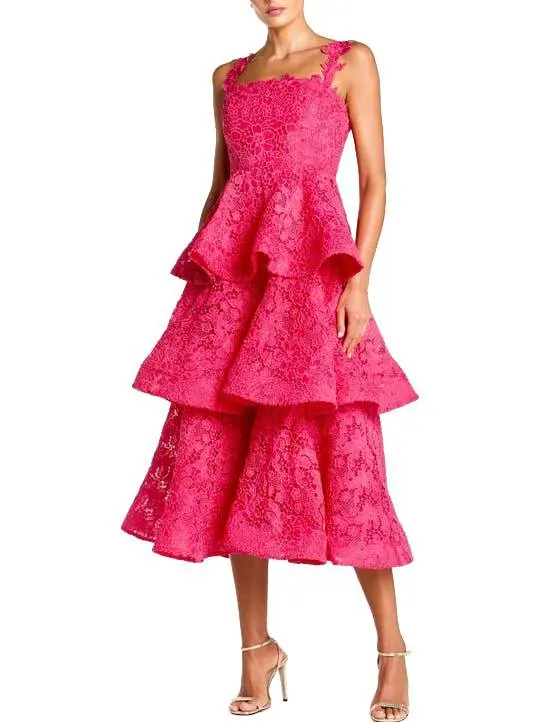 Mac Duggal Embroidered Lace Ruffle Midi Dress - Hot Pink