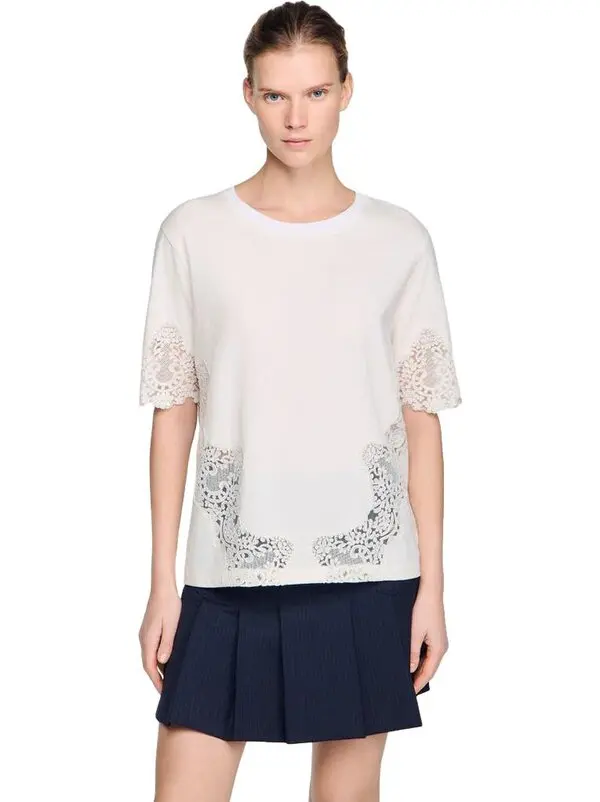Sandro Cotton T-shirt With Lace Detail - Ecru