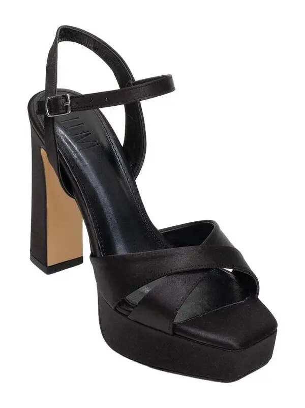 PROLOGUE SHOES Yulia Cross-strap Platform Heel Sandal - Black Satin