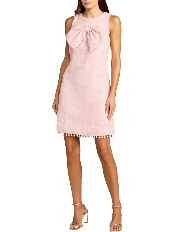 Mac Duggal Bouclé Mini Dress With Pearl Detail And Bow Accent - Blush