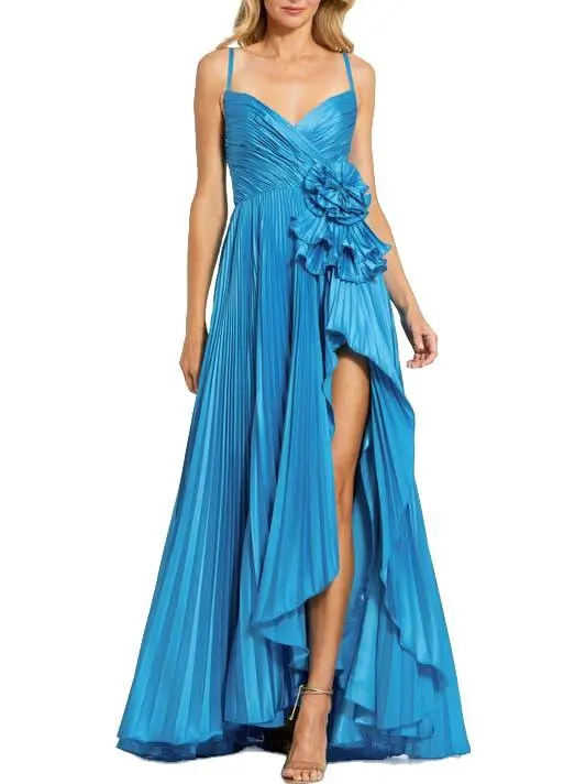 Mac Duggal Pleated Charmeuse Gown With Floral Detail - Turquoise