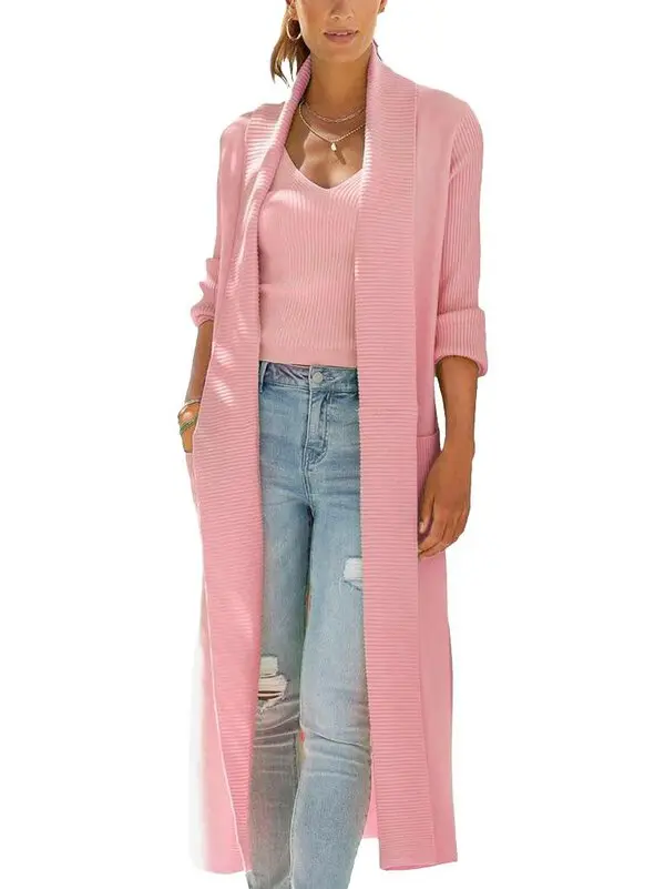 LASCANA Long Knit Cardigan With Shawl Collar And Patch Pockets - Rose