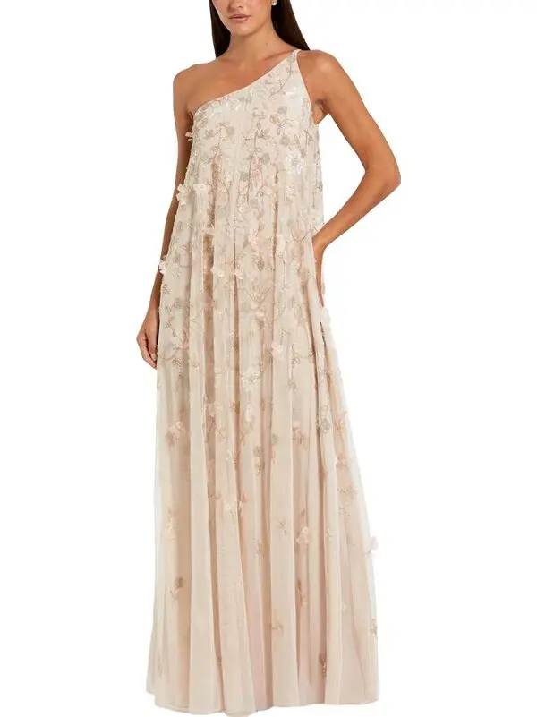 Mac Duggal Floral Embellished One Shoulder Kaftan Gown - Vanilla
