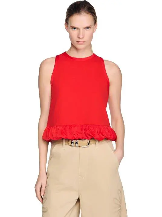 Sandro Ruffle Hem Cotton Top - Red