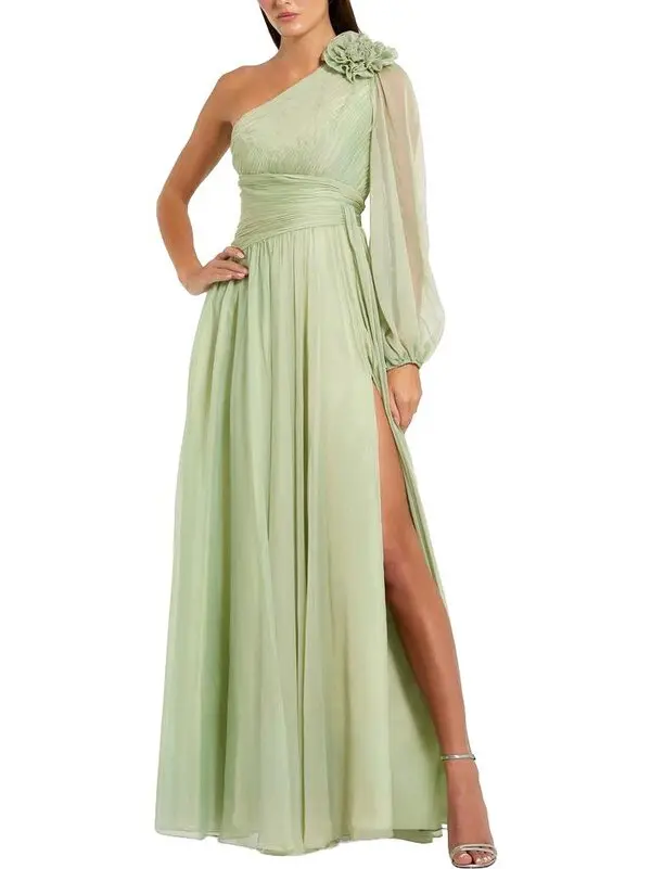 Mac Duggal One-shoulder Floral Gown With Slit - Sage