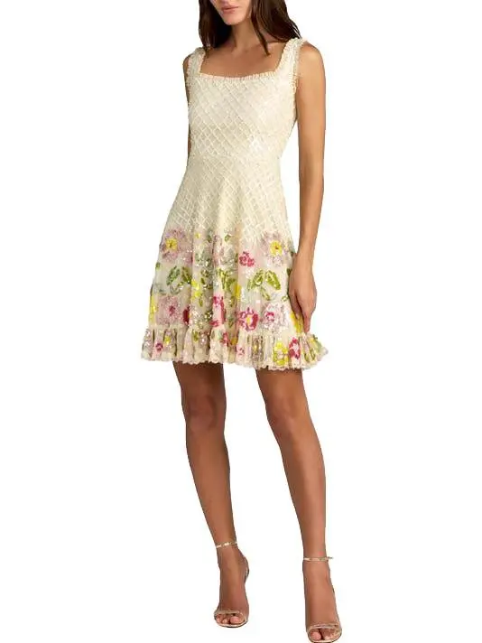 Mac Duggal Beaded Mesh Mini Dress - Nude Multi