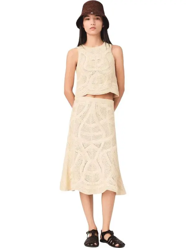 Maje Long Crochet Flared Skirt - Neutrals