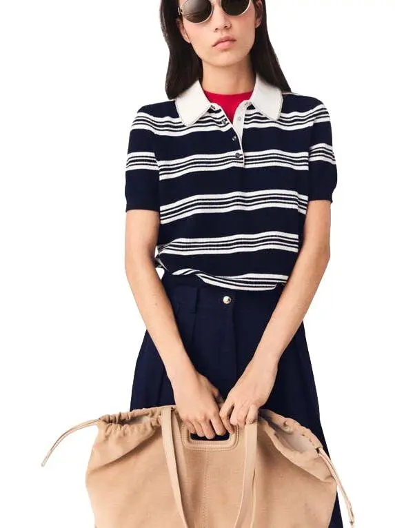 Maje Striped Knit Polo With Rhinestone Collar - Ecru/navy Blue