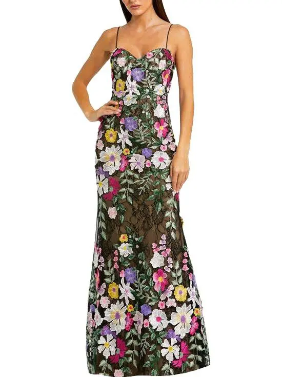 Mac Duggal Floral Embroidered Bustier Gown - Black Multi