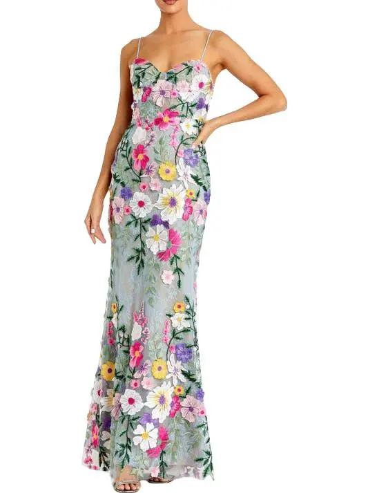 Mac Duggal Floral Embroidered Bustier Gown - Sage Multi