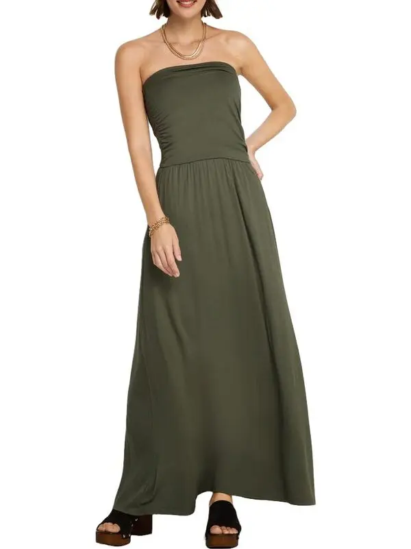LASCANA Strapless Bandeau Maxi Dress With Side Slit Pockets - Olive