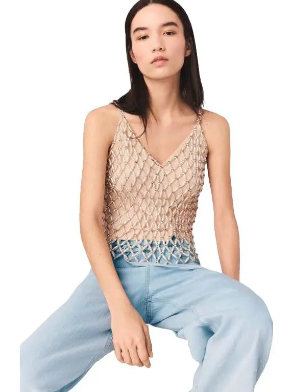 Maje Beaded Mesh Top With Satin Lining - Ecru