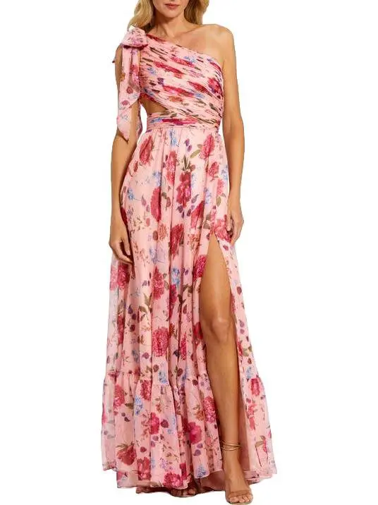 Mac Duggal Floral One-shoulder Chiffon Gown - Blush Multi