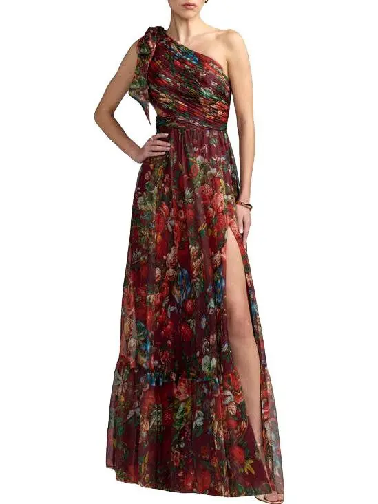 Mac Duggal Floral One-shoulder Chiffon Gown - Wine Multi