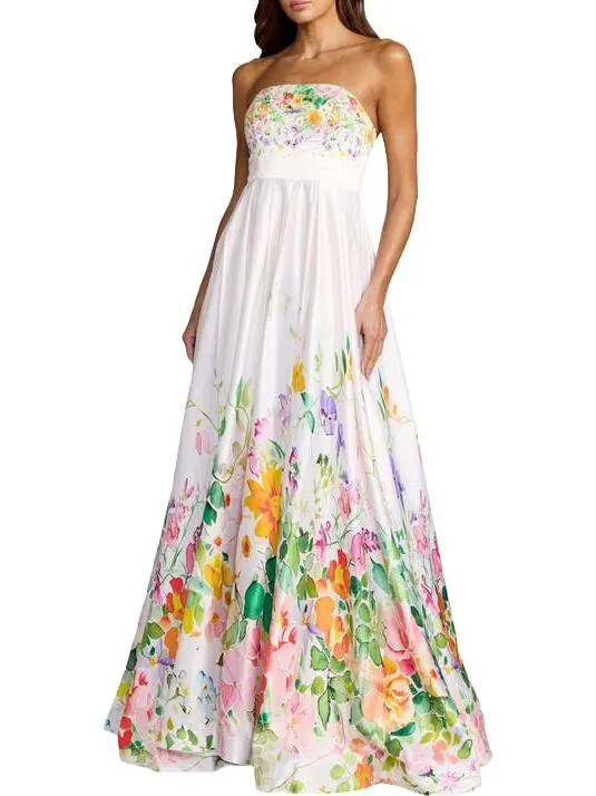 Mac Duggal Floral Print Strapless A-line Gown With Pockets - Ivory Multi
