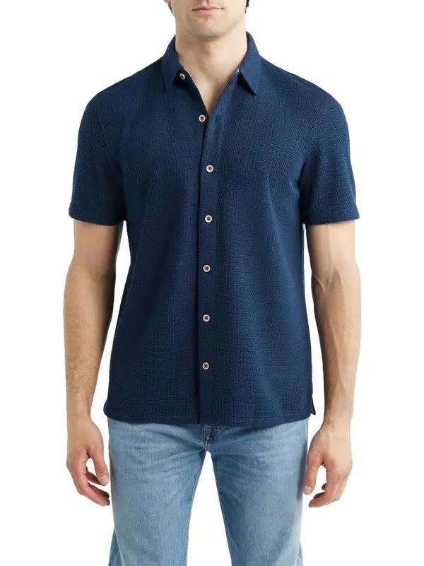 Johnston & Murphy Linden Textured Short Sleeve Button-up Shirt - Navy