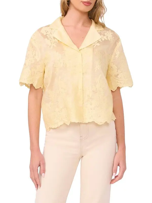 Vince Camuto Sheer Floral Camp Shirt - Lemon Cream