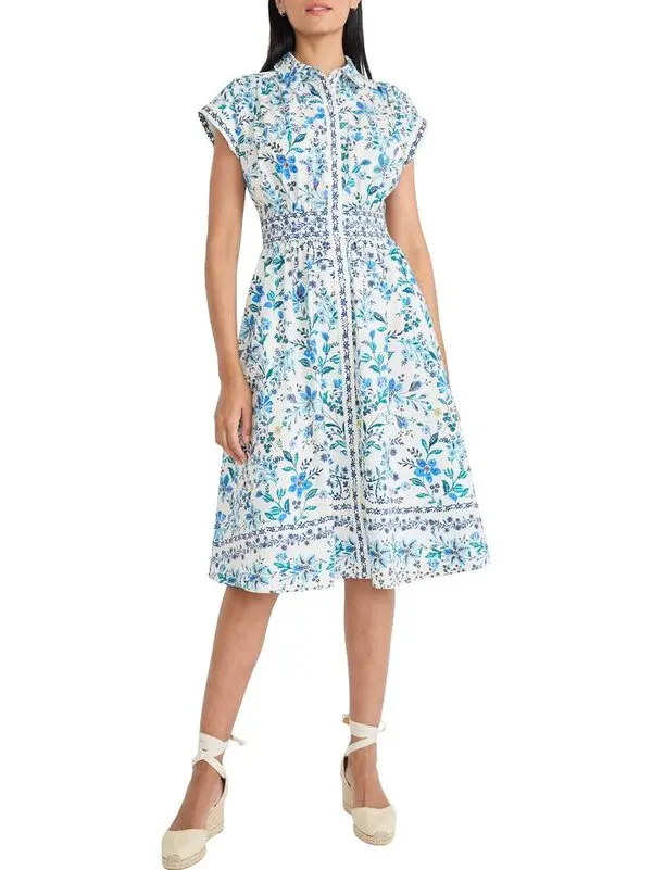 Maggy London Cap Sleeve Shirtdress - Cream/blue