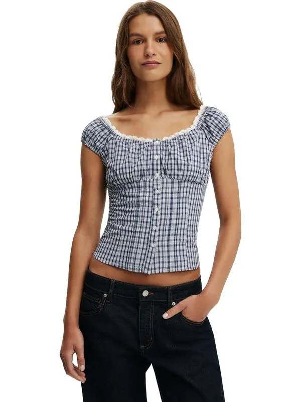 COTTON ON Jamie Off-the-shoulder Top - Harri Micro Check Navy