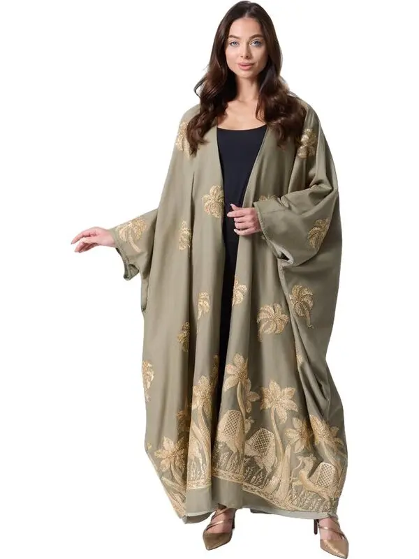 LE FAFO Luna Embroidered Linen Kaftan Abaya - Sage Green
