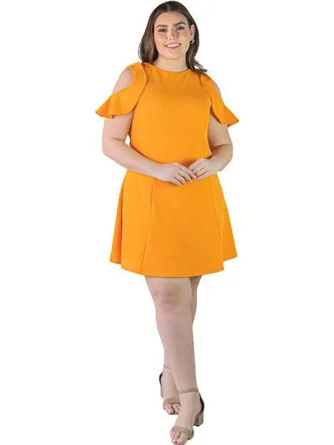 24SEVEN COMFORT APPAREL A-line Knee Length Cold Shoulder Dress - Peach