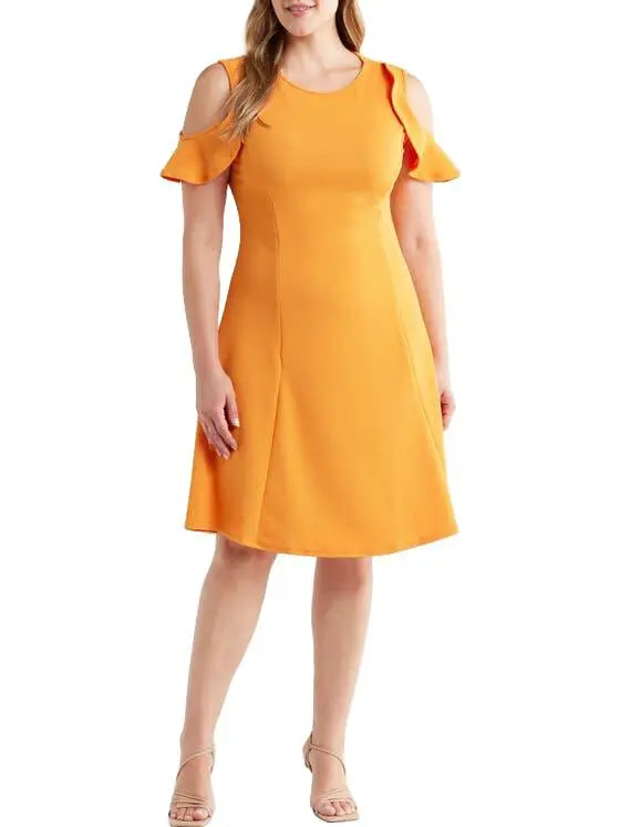24SEVEN COMFORT APPAREL Ruffle Cold Shoulder A-line Dress - Peach