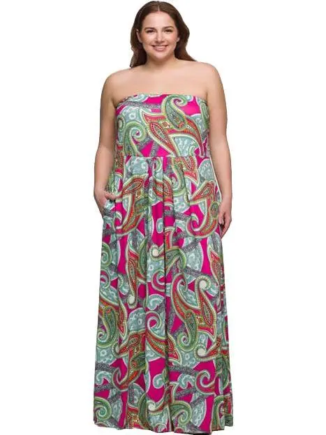 24SEVEN COMFORT APPAREL Paisley A-line Strapless Maxi Dress With Pockets - Pink Multi