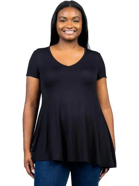 24SEVEN COMFORT APPAREL Short Sleeve V-neck Tunic T-shirt - Black