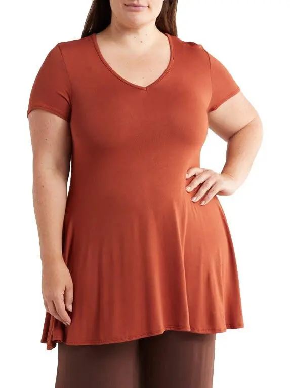 24SEVEN COMFORT APPAREL V-neck Jersey Swing Top - Brown