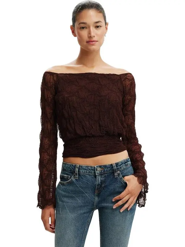 COTTON ON Sofia Lace Long Sleeve Top - Dark Oak