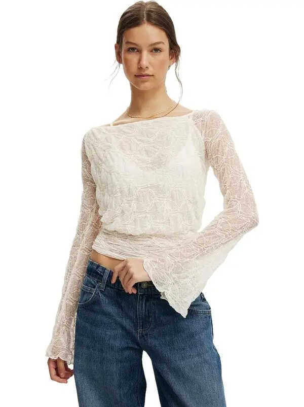 COTTON ON Sofia Lace Long Sleeve Top - Sand White Lace