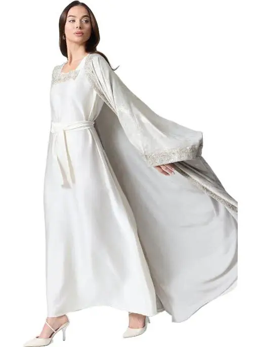 LE FAFO Luna Metallic Silk Abaya Set - Ivory/silver