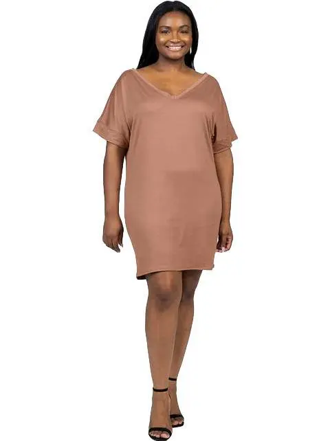 24SEVEN COMFORT APPAREL Loose Fit Knee Length V-neck Dress - Mocha