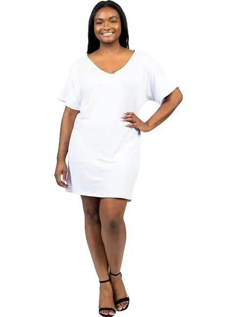 24SEVEN COMFORT APPAREL Loose Fit Knee Length V-neck Dress - White