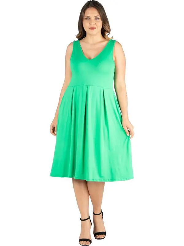 24SEVEN COMFORT APPAREL Sleeveless Fit And Flare Midi Pocket Dress - Green