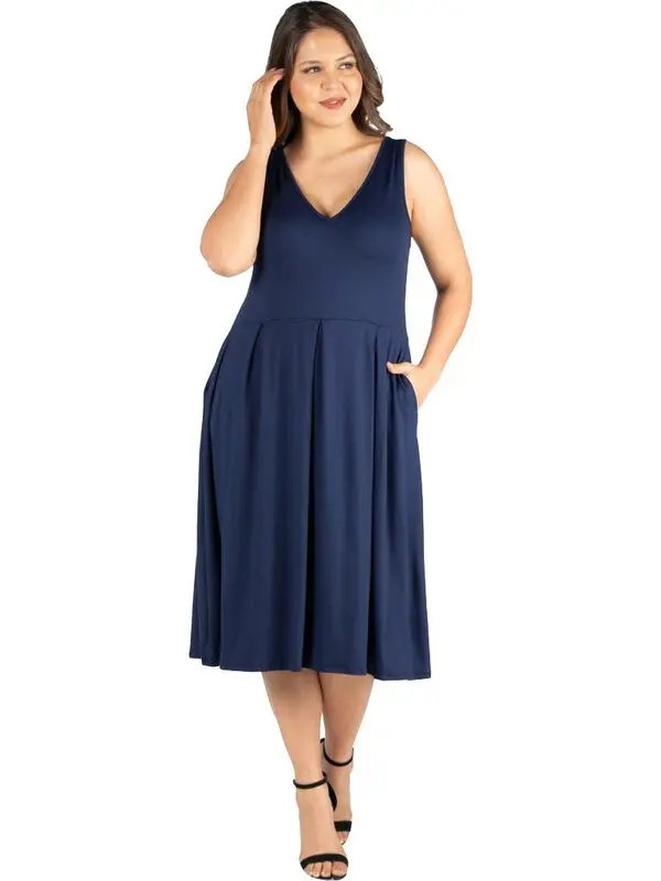 24SEVEN COMFORT APPAREL Sleeveless Fit And Flare Midi Pocket Dress - Navy