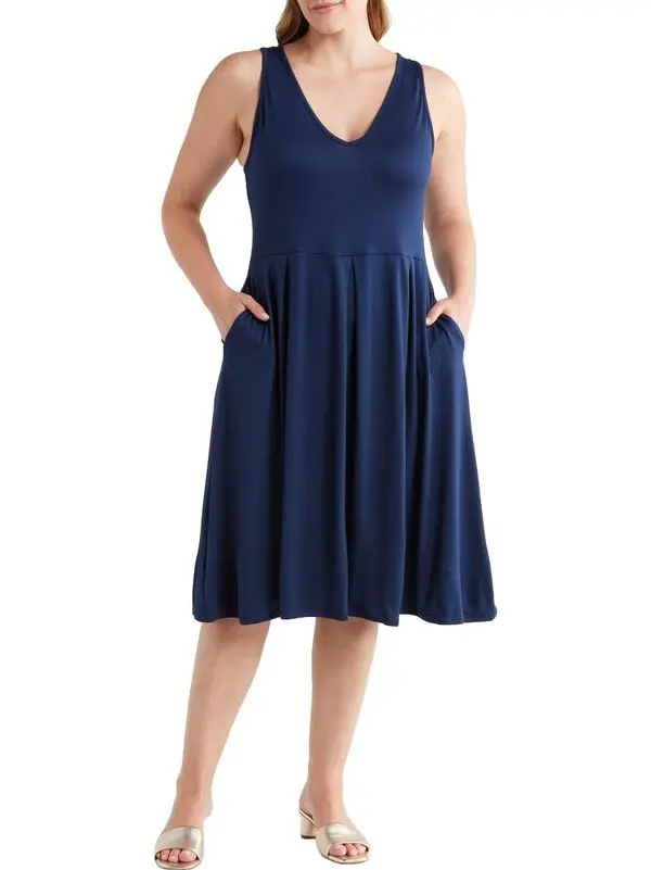 24SEVEN COMFORT APPAREL Sleeveless V-neck Jersey Dress - Navy