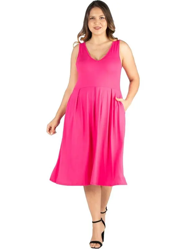 24SEVEN COMFORT APPAREL Sleeveless Fit And Flare Midi Pocket Dress - Pink