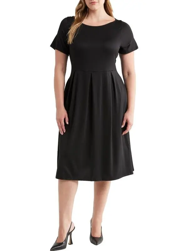 24SEVEN COMFORT APPAREL A-line Midi Dress With Short Sleeves - Black