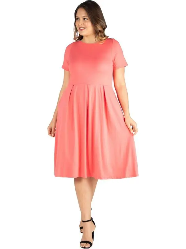 24SEVEN COMFORT APPAREL Short Sleeve Midi Length Skater Dress With Pockets - Coral