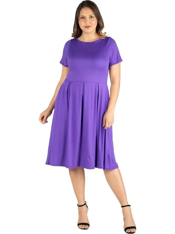 24SEVEN COMFORT APPAREL Short Sleeve Midi Length Skater Dress With Pockets - Lilac