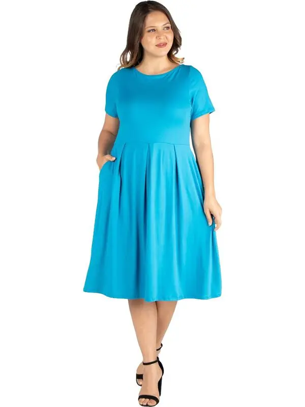 24SEVEN COMFORT APPAREL Short Sleeve Midi Length Skater Dress With Pockets - Turquoise