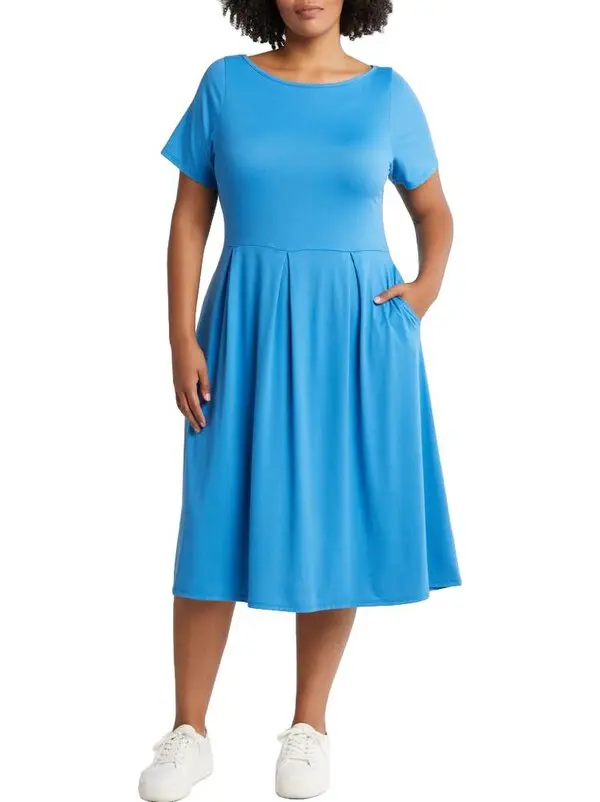 24SEVEN COMFORT APPAREL A-line Midi Dress With Short Sleeves - Turquoise